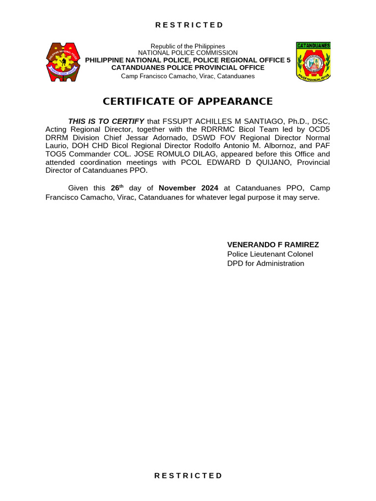 Catanduanes PPO Coordination Certificates | PDF | Law Enforcement ...