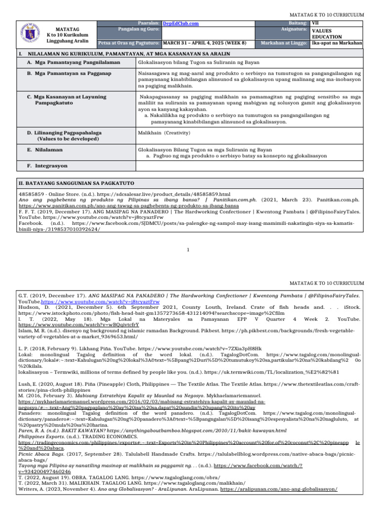 DLL Matatag - Values Education 7 q4 w8 | PDF