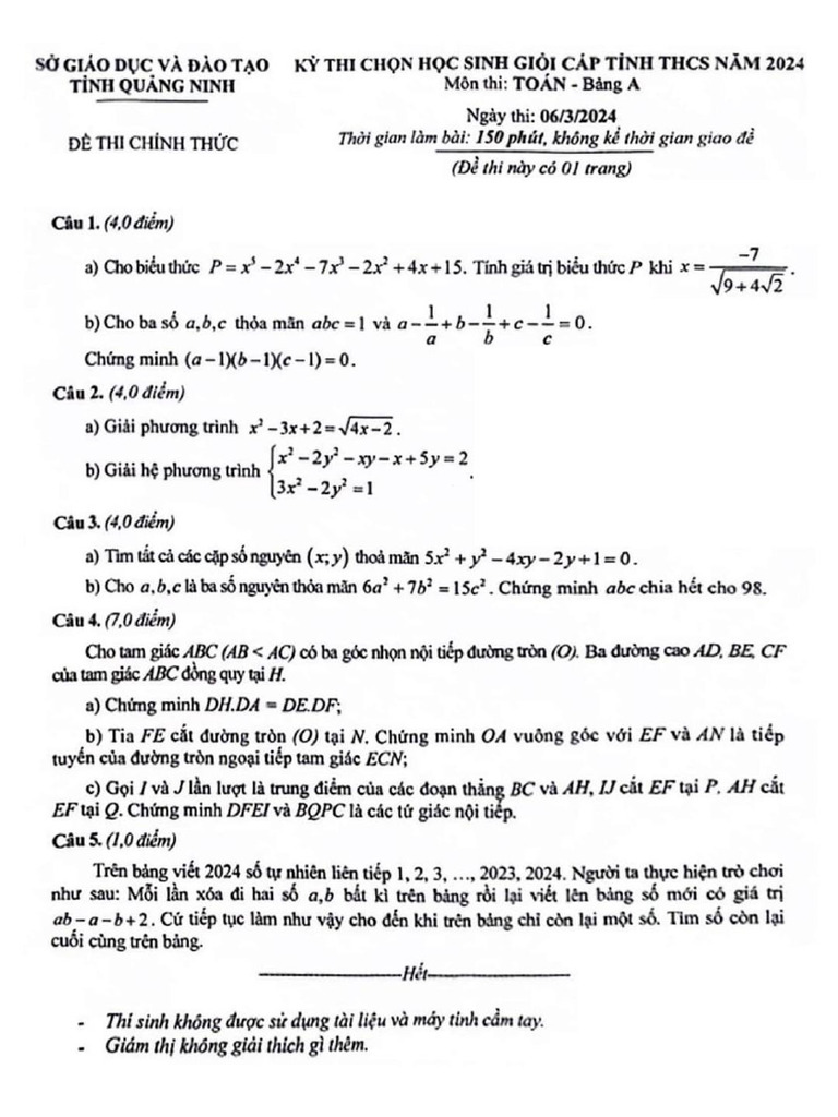 De Hoc Sinh Gioi Cap Tinh Toan Thcs Nam 2024 So Gddt Quang Ninh | PDF