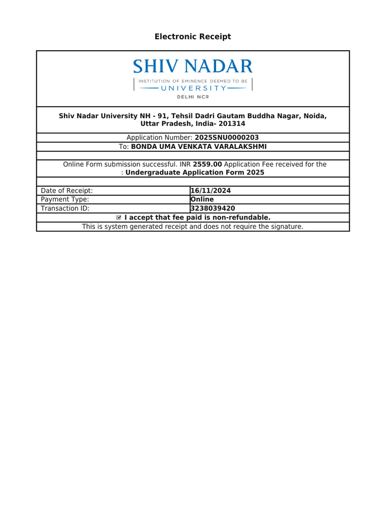 Acknowledgement_Receipt SNU | PDF