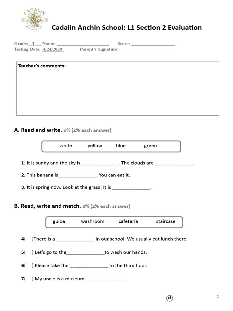 4346 - Level1 Section 2 Test (Reading Wiz 2 U3-4&Phonics 27-52) | PDF