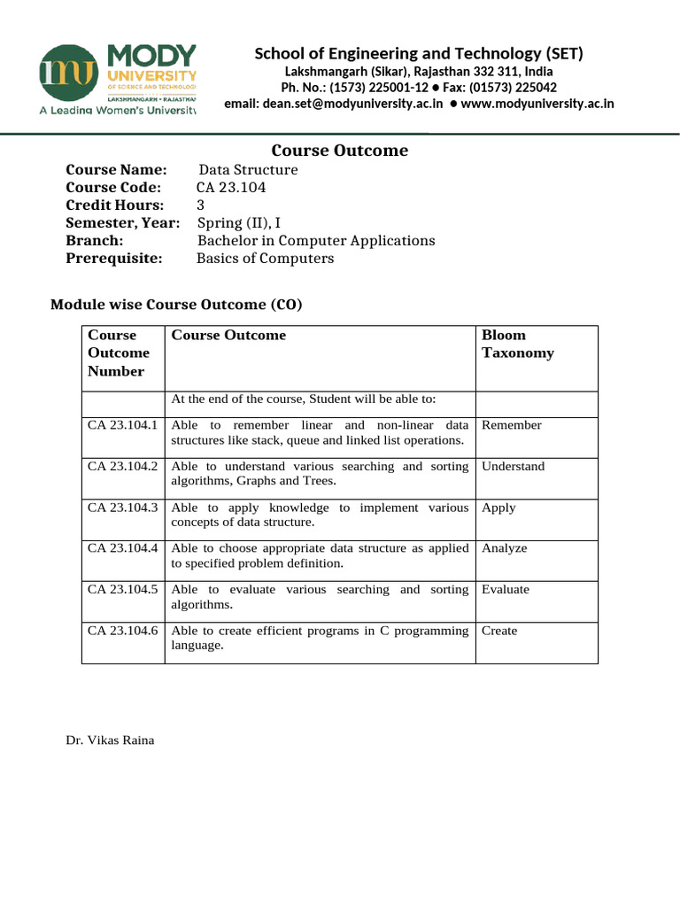 Data Structure Course Outcomes | PDF