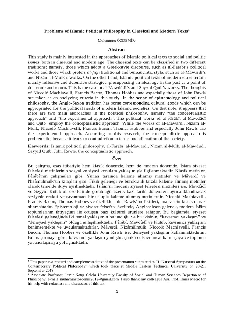 Problems of Islamic Political Philosophy in Classical and Modern Texts ...