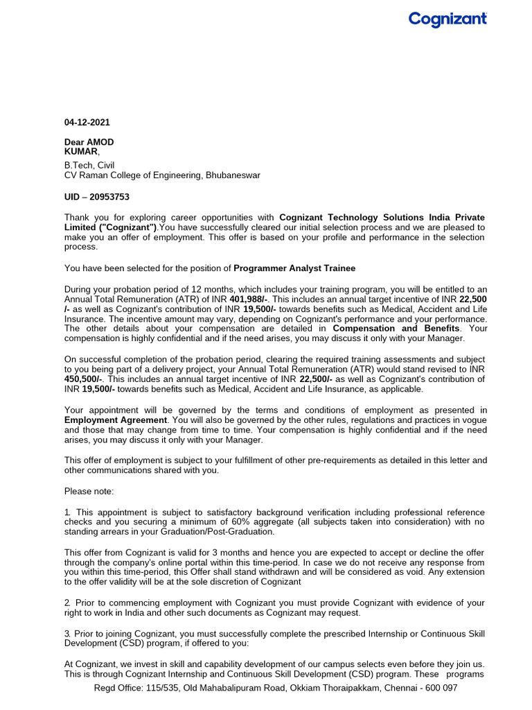 AMOD KUMAR 1701227238 Cognizant | PDF | Indemnity | Business