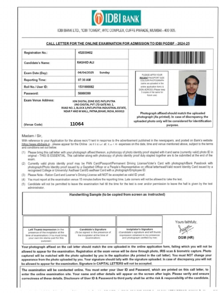 IDBI Exam Call Letter | PDF