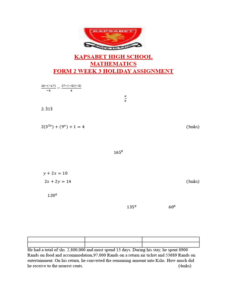 MATH F2 WK3 Assignments - Form 2 - Mathematics | PDF | Circle | Euclidean Geometry