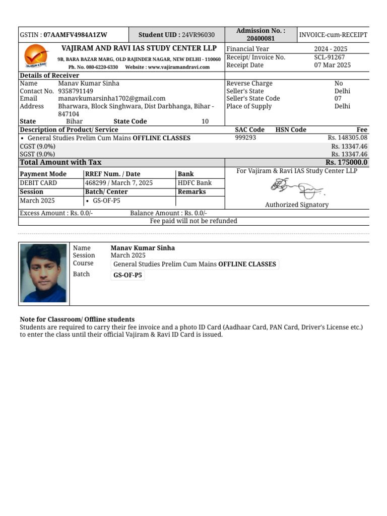 Vajiram&Ravi Admis 20400081 Invoice | PDF | Payments