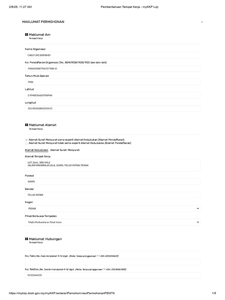 Pemberitahuan Tempat Kerja - myKKP Loji | PDF