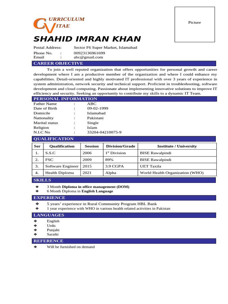 IT Professional Resume - Shahid Imran Khan | PDF