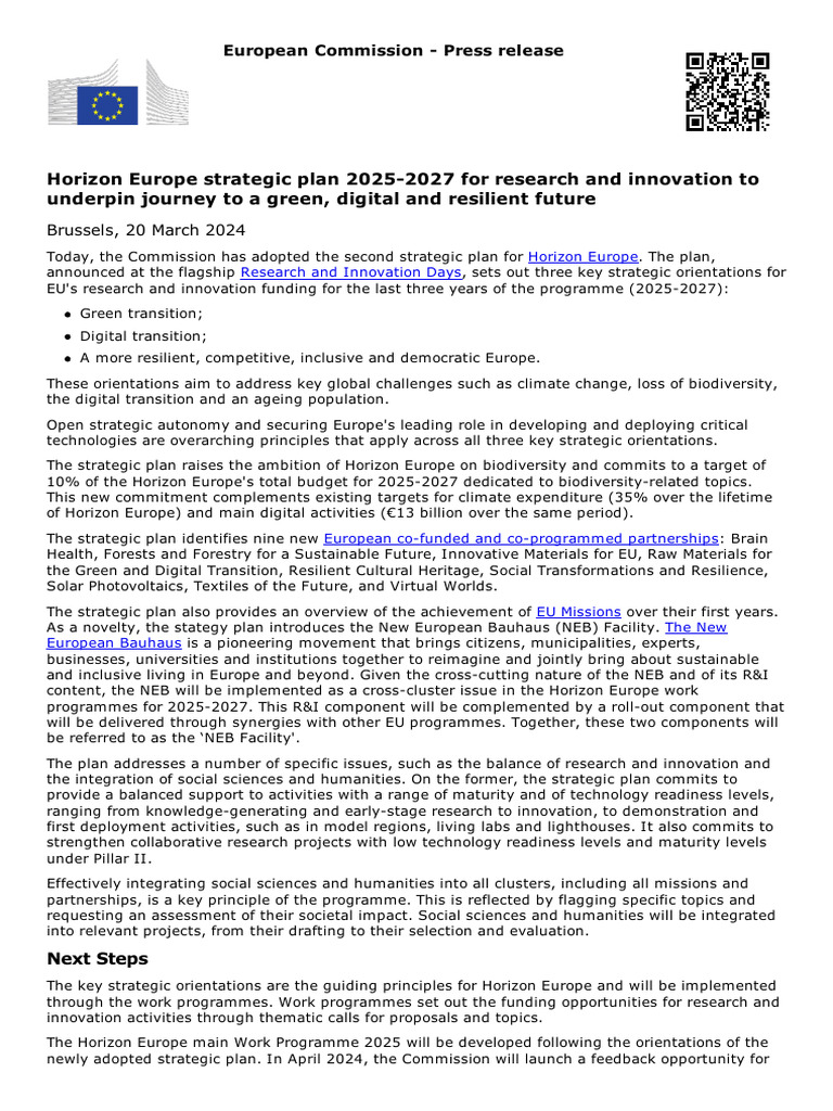 Horizon Europe Strategic Plan 2025-2027 For Research and Innovation To Underpin Journey To A ...