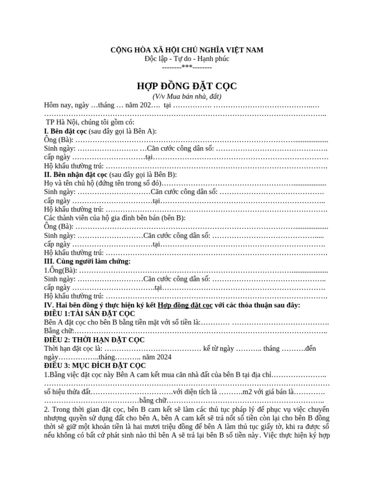 Mau Hop Dong Dat Coc Mua Ban Nha Dat | PDF