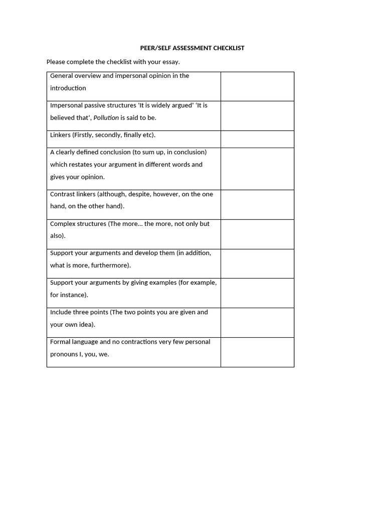 Essay Peer/Self Assessment Checklist | PDF