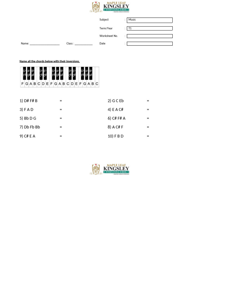 Chord Inversions Worksheet T1 | PDF