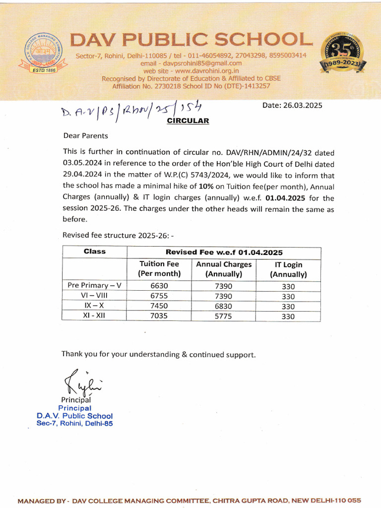DAV Rohini Sector 7 Fee Structure 2025-26 | PDF