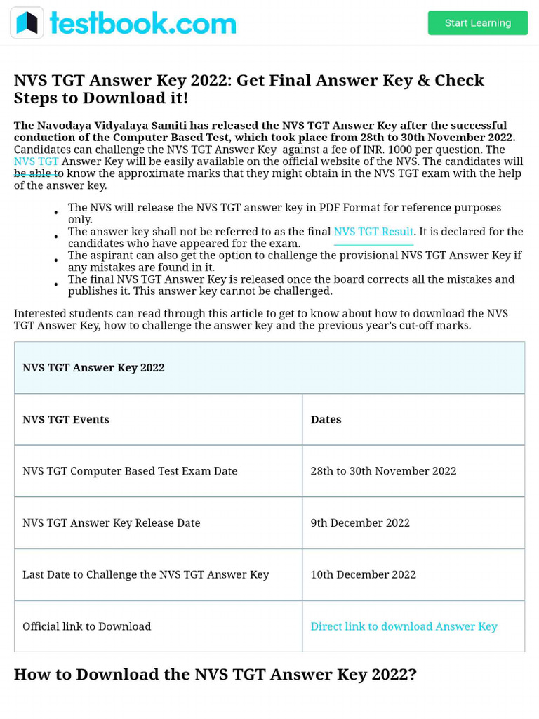 NVS TGT Answer Key 2022_ Get Final Answer Key & Check Steps to Download It! | PDF