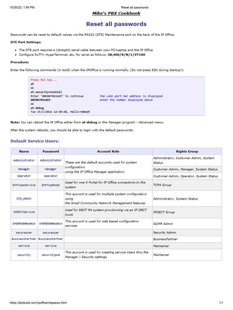 IP Office 500 Reset All Passwords | PDF | Computer Engineering | Computer Science