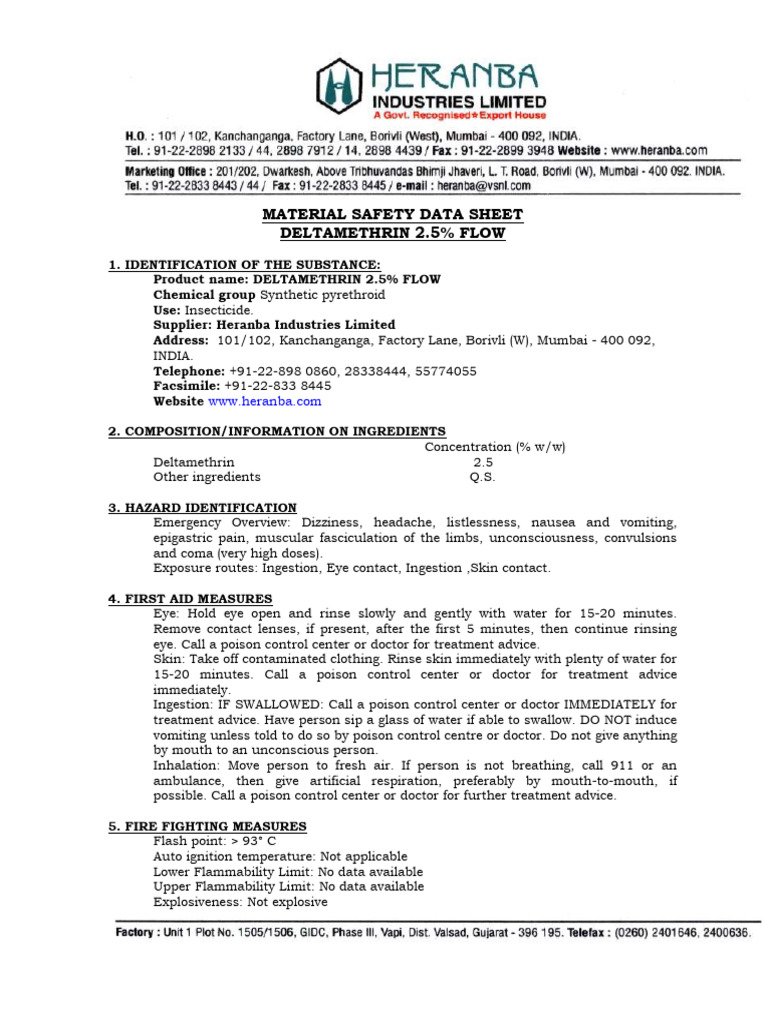 MSDS Heranba DELTAFlow 2 5 SC With Validity Upto 2025 | PDF | Toxicity ...