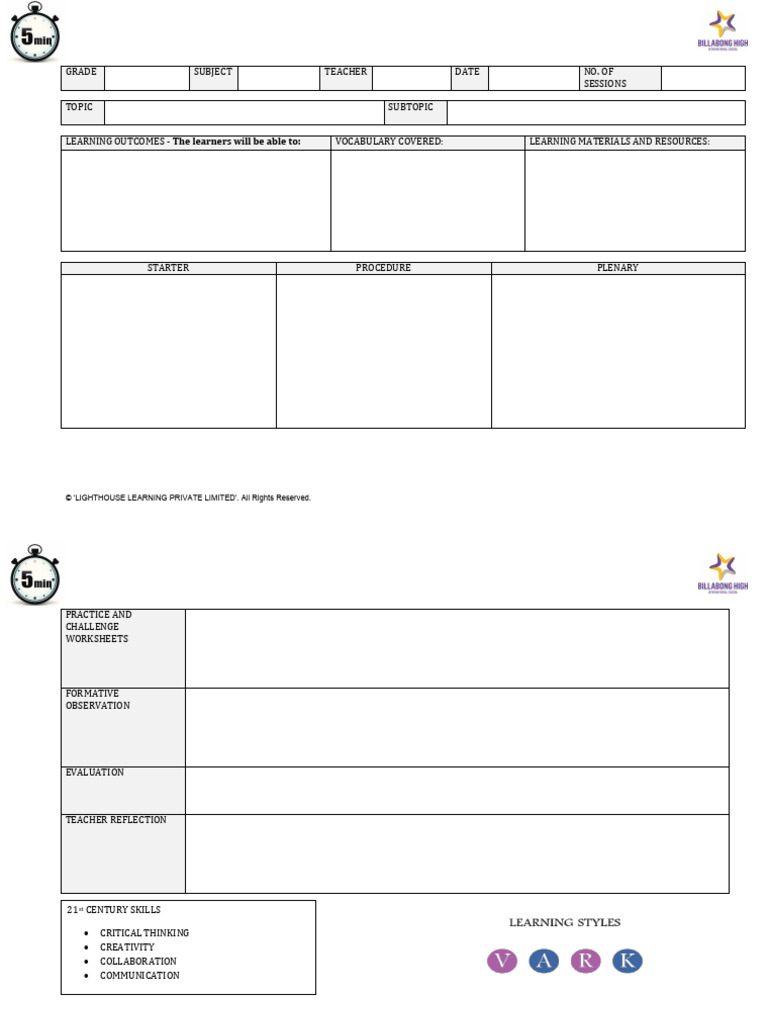 5 Minute Lesson Plan Template Printable | PDF