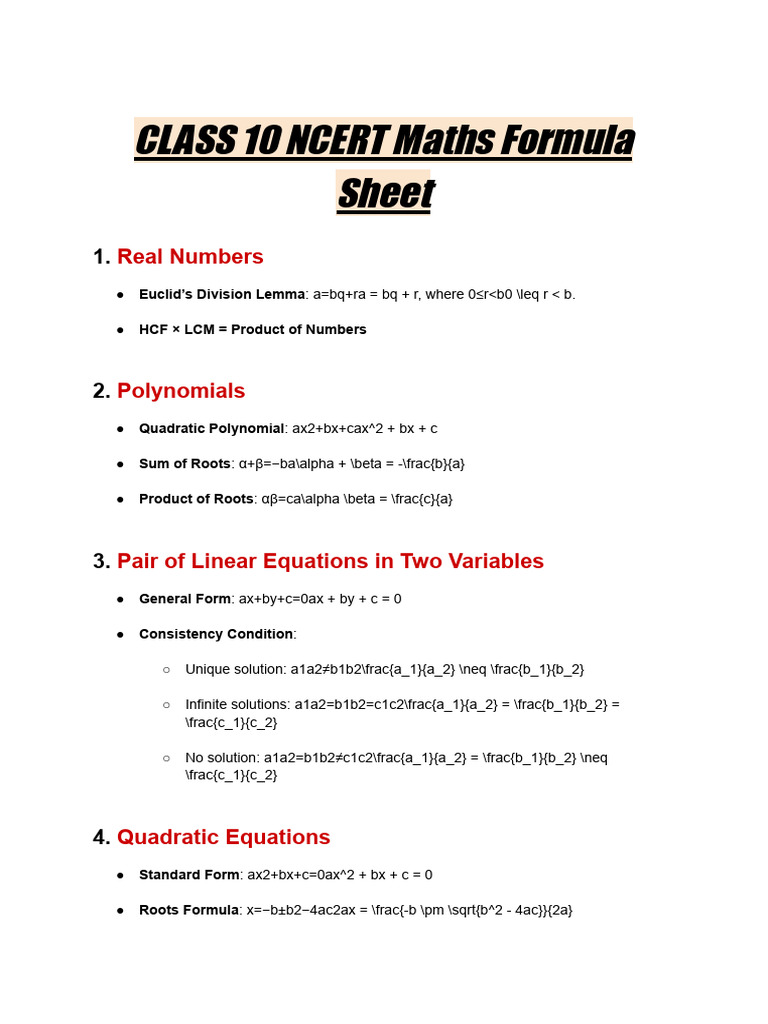 CLASS 10 NCERT Maths Formula Sheet | PDF | Mathematics