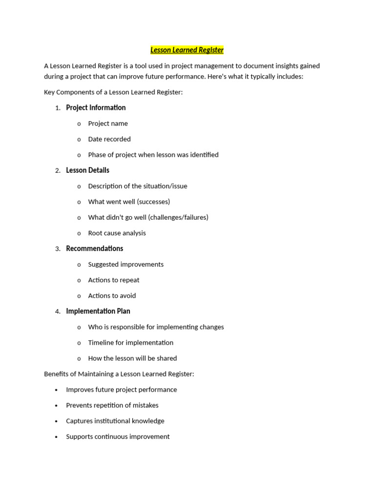 Lesson Learned Register | PDF