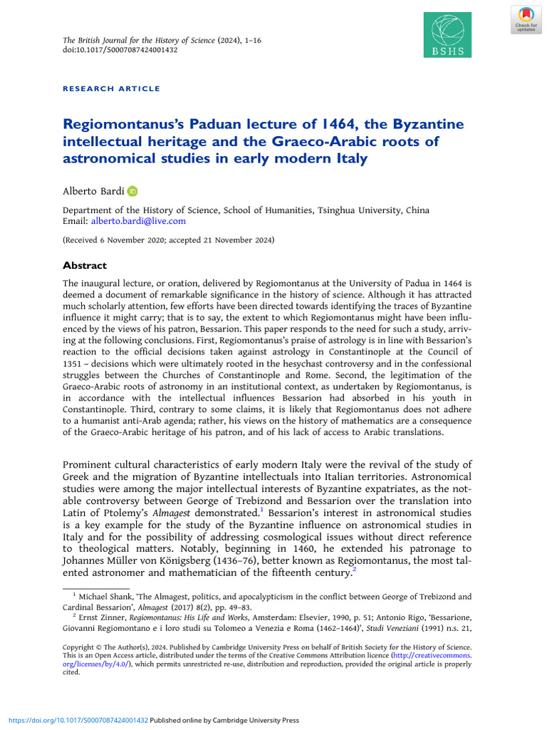 Regiomontanuss Paduan Lecture of 1464 The Byzantine Intellectual ...