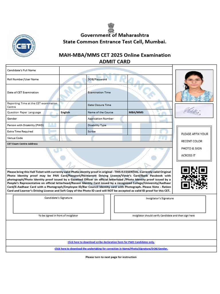 MBA CET 2025 Admit Card Instructions | PDF | Biometrics | Identity Document