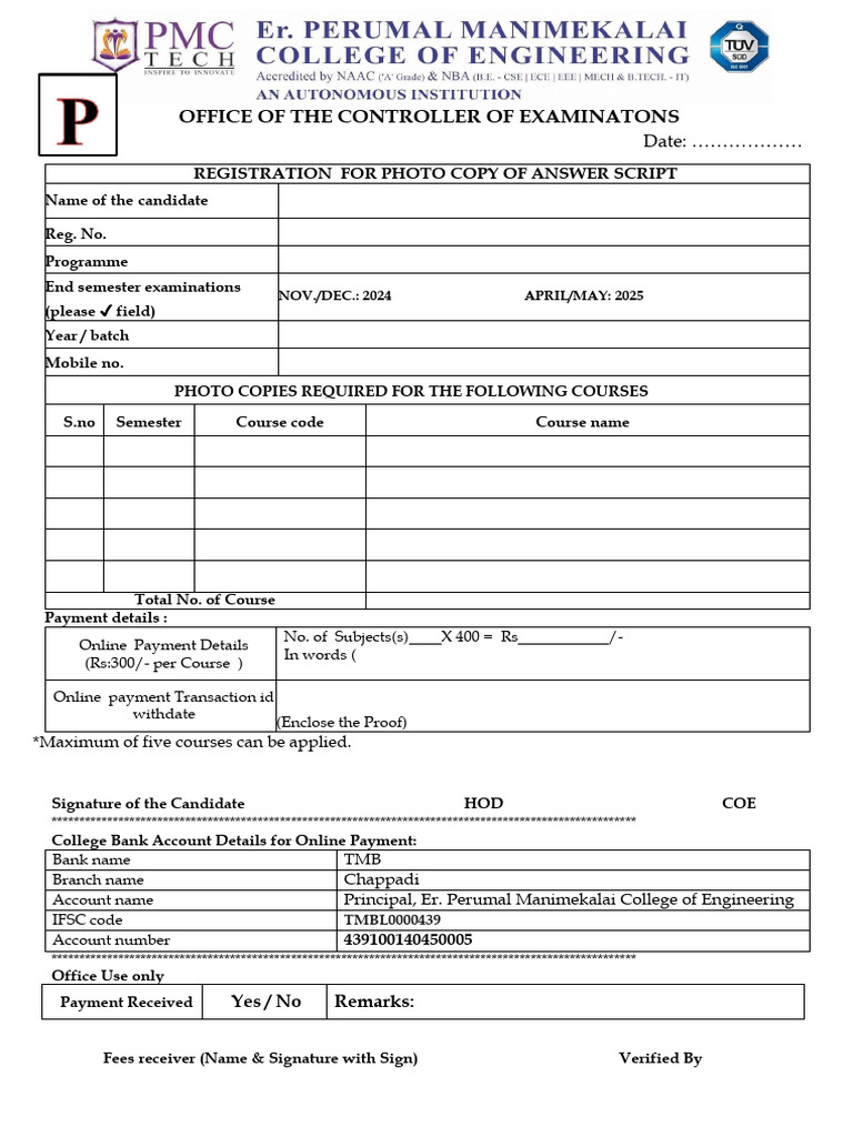 Registration for Answer Script Copies | PDF