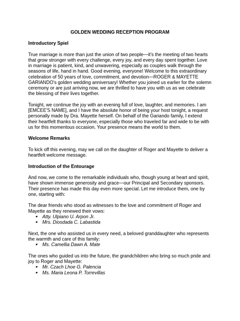 Golden Wedding Reception Program | PDF | Wedding | Fashion Related Occasions