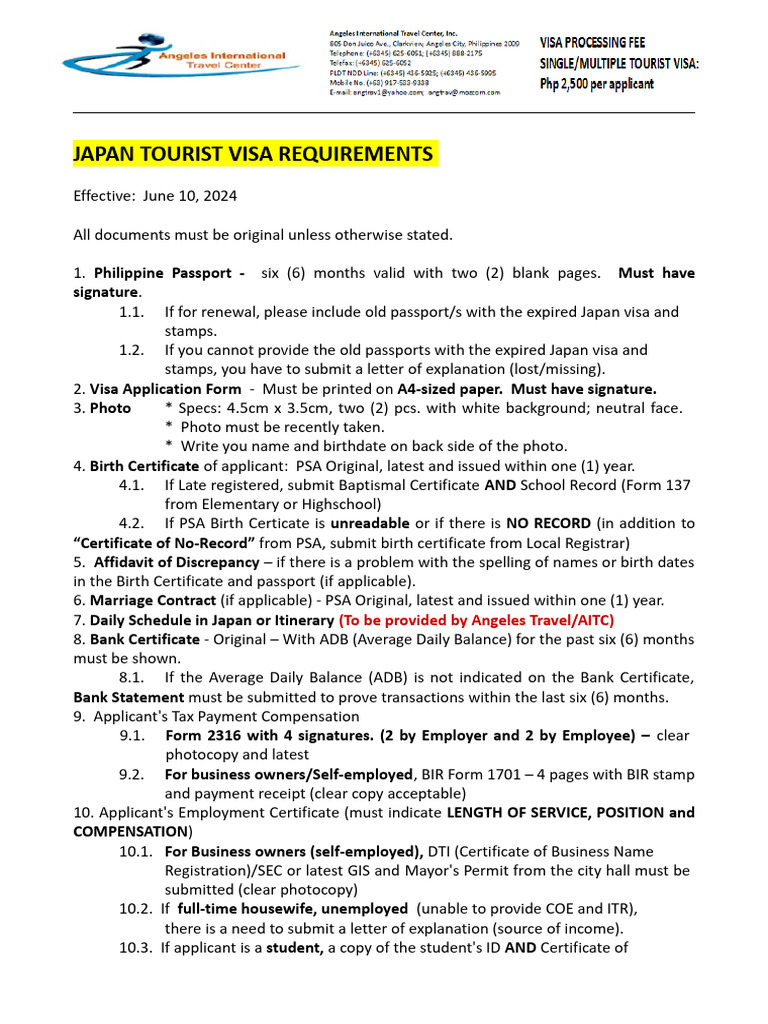 Japan Tourist Visa Requirements Guide | PDF | Travel Visa | Birth ...