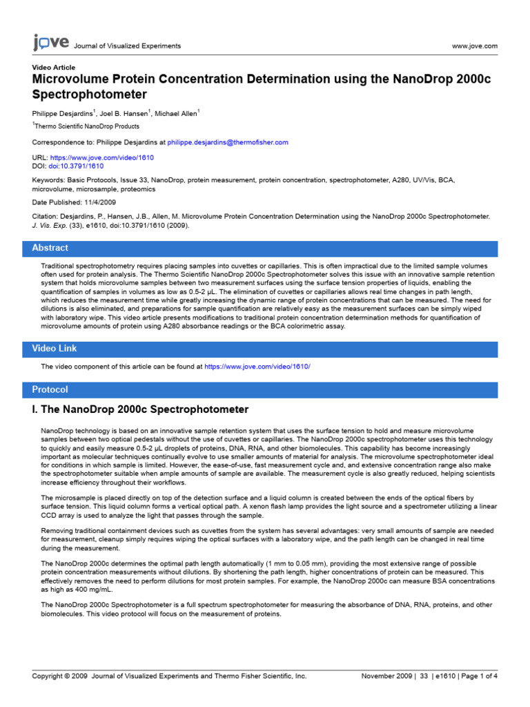 Jove Protocol 1610 Microvolume Protein Concentration Determination ...