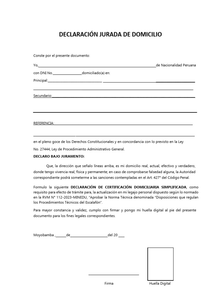 Formato Declaración Jurada Domicilio DOCENTE | PDF