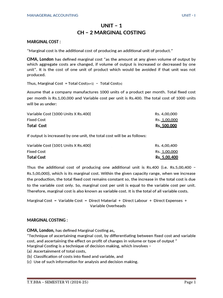Unit 1 - Ch. 2 - Marginal Costing | PDF | Cost Of Goods Sold | Marginal Cost