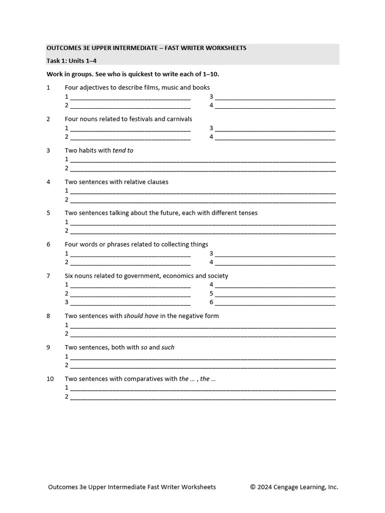 Outcomes3e UpperIntermediate StudentWorksheets FastWriter Task01 | PDF | Sentence (Linguistics ...
