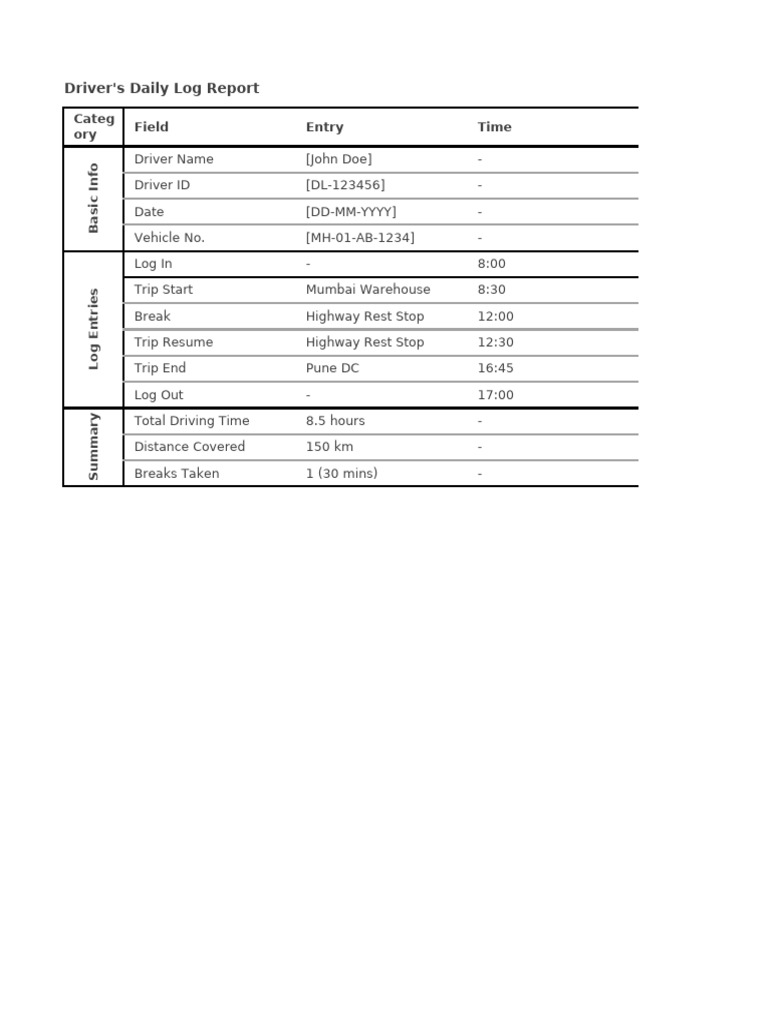 Driver's Daily Log Report Template | PDF