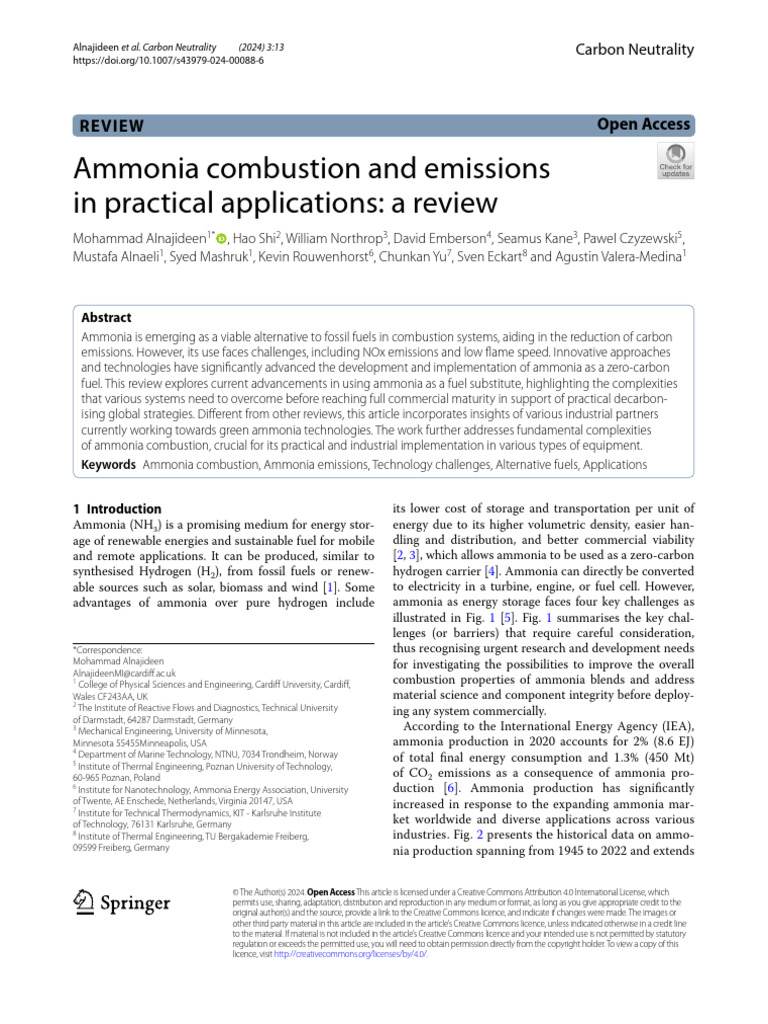 Ammonia combustion and emissions in practical applications a review | PDF | Combustion | Ammonia