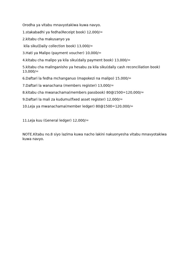Orodha Ya Vitabu Mnavyotakiwa Kuwa Navyo | PDF