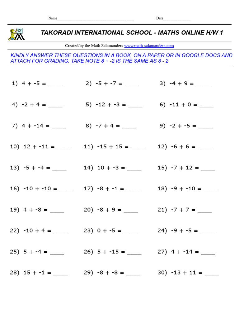 Adding Positive and Negative Numbers | PDF