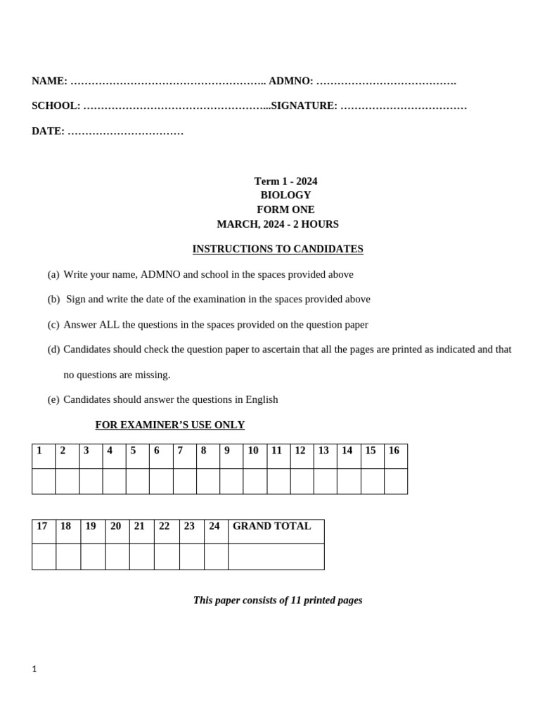 Form 1 Biology - Biology - Question Paper | PDF | Biology