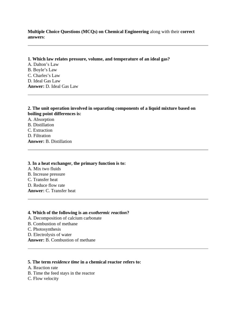 Chemical Engineering MCQs with Answers | PDF