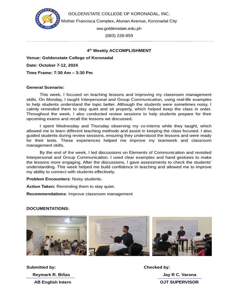Weekly Teaching Accomplishments Report | PDF