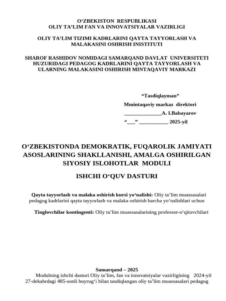 1 7 O Zbekistonda Demokratik, Fuqarolik Jamiyati Ishchi Dastur | PDF