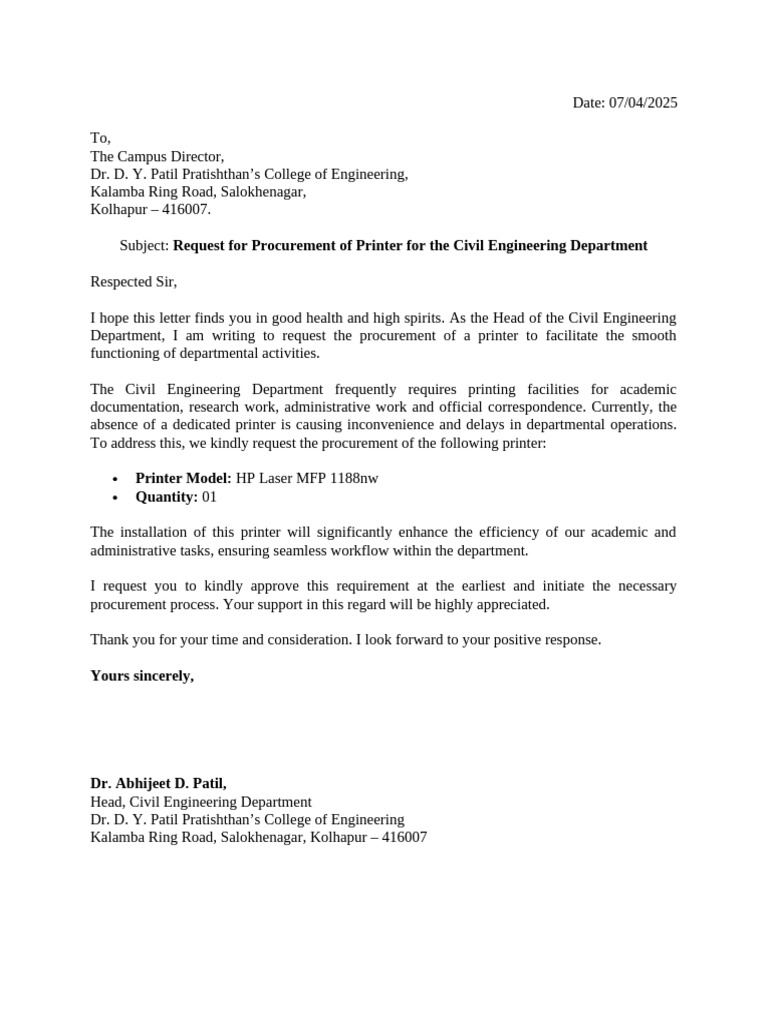 Printer Procurement Request for Civil Engineering | PDF