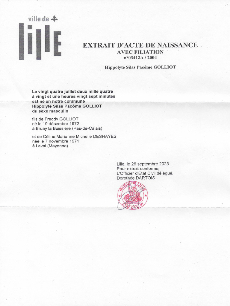 Extrait Acte de Naissance GOLLIOT | PDF