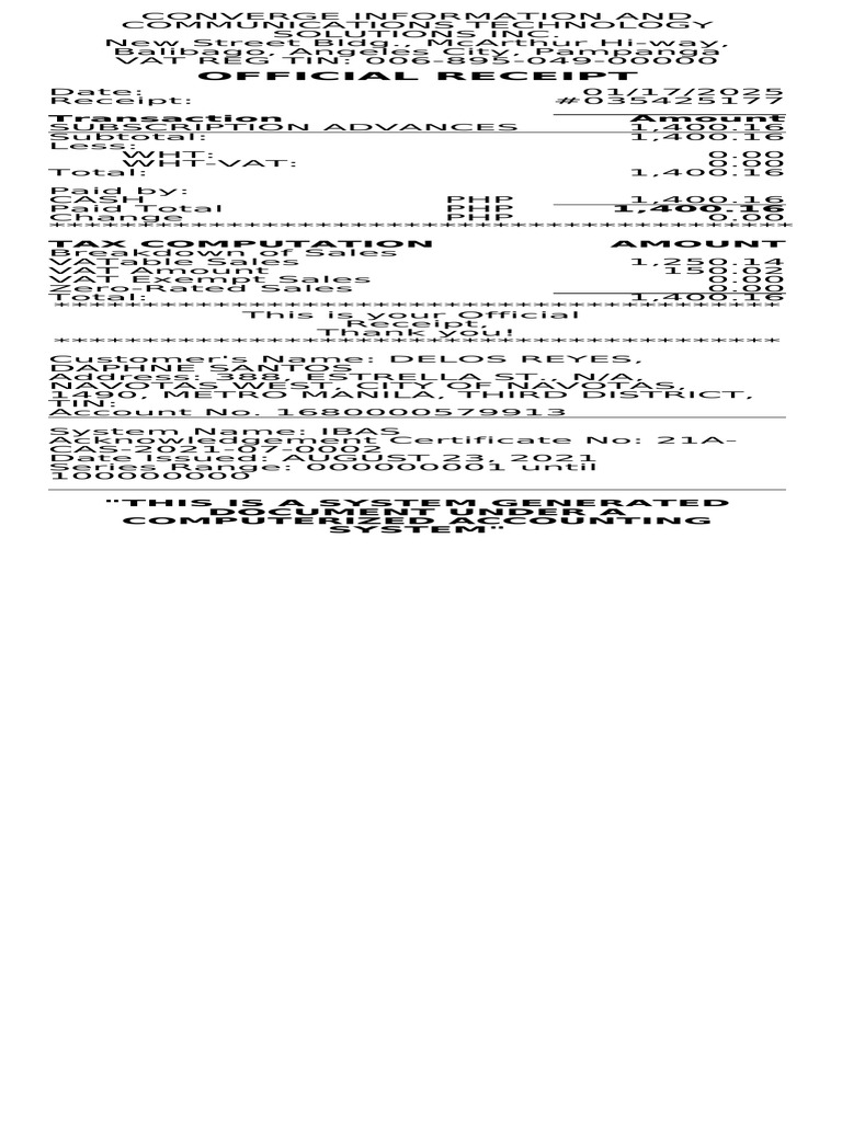 Official Receipt: Transaction Amount | PDF
