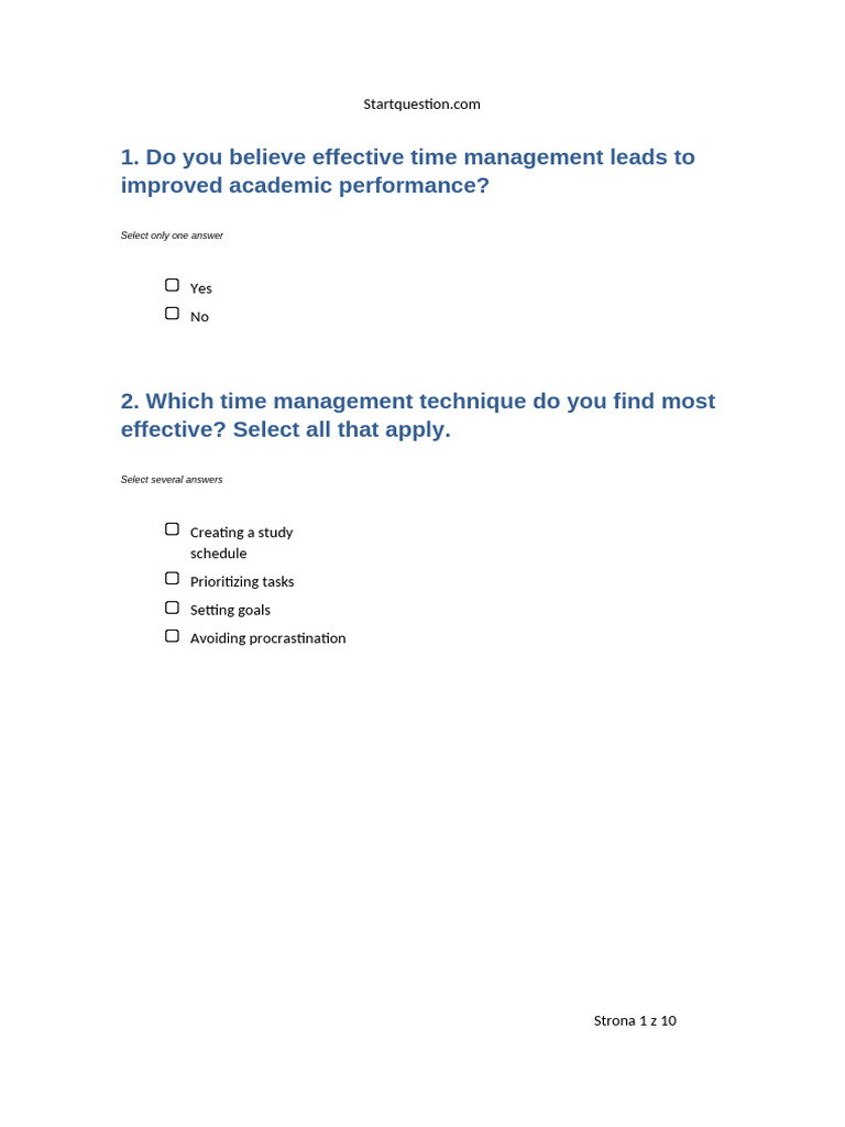 Questionnaire Positive Questionnaire About Time Management and Its ...