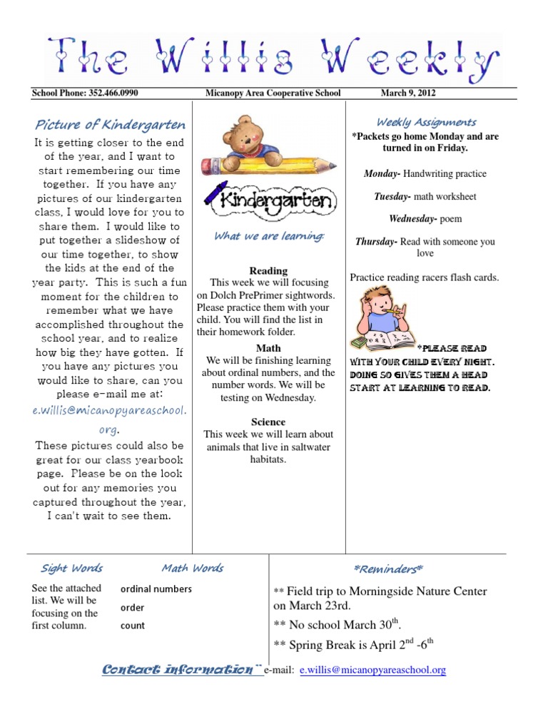 Picture of Kindergarten: Weekly Assignments | PDF