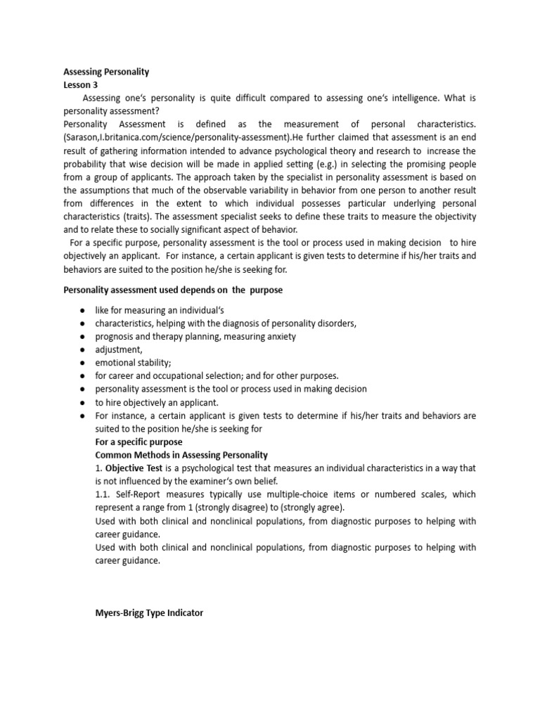Personality Assessment Methods Explained | PDF | Cognition | Psychology