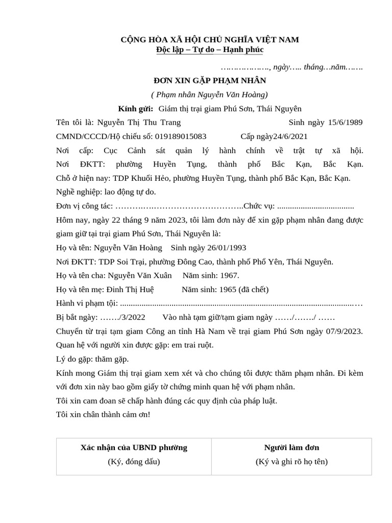 Mau Don Xin Tham Gap Pham Nhan Moi Nhat | PDF