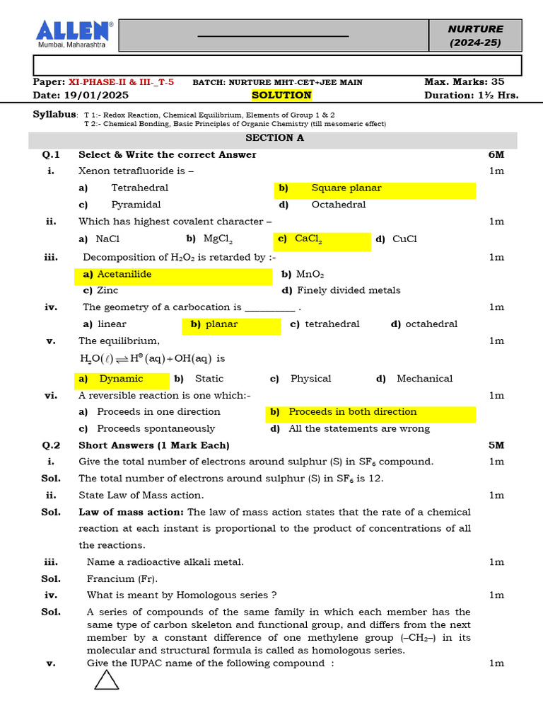 1901-Nurture-Ph-Ii & Iii - (24-25) Subjective Test-05 Chemistry ...