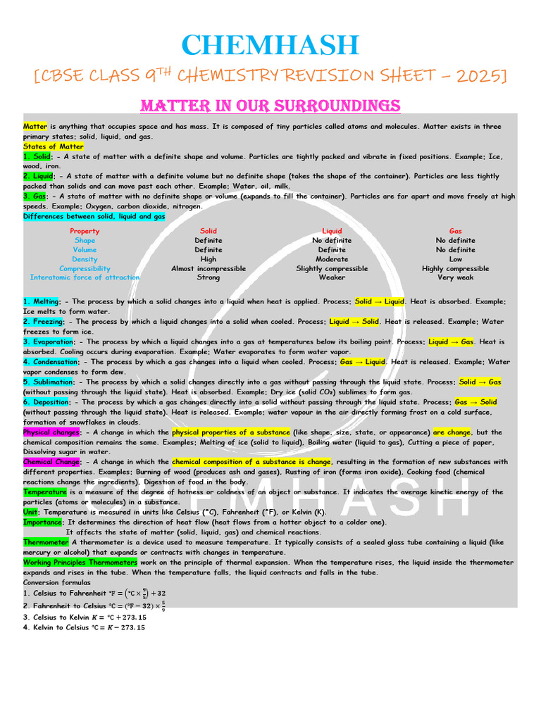 CBSE Class 9 Chemistry Matter Guide | PDF | Liquids | Gases